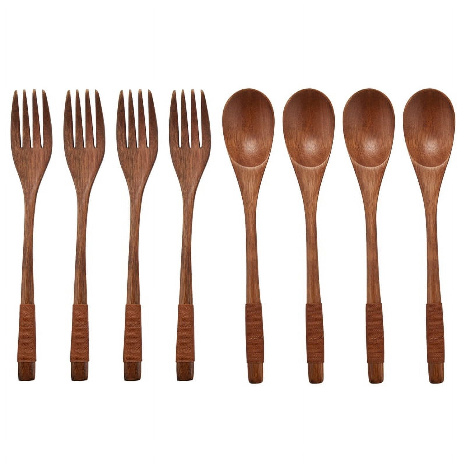 8 Pcs Wooden 9 inchJapanese Spoon Fork Set Kitchen Tableware Natural ...