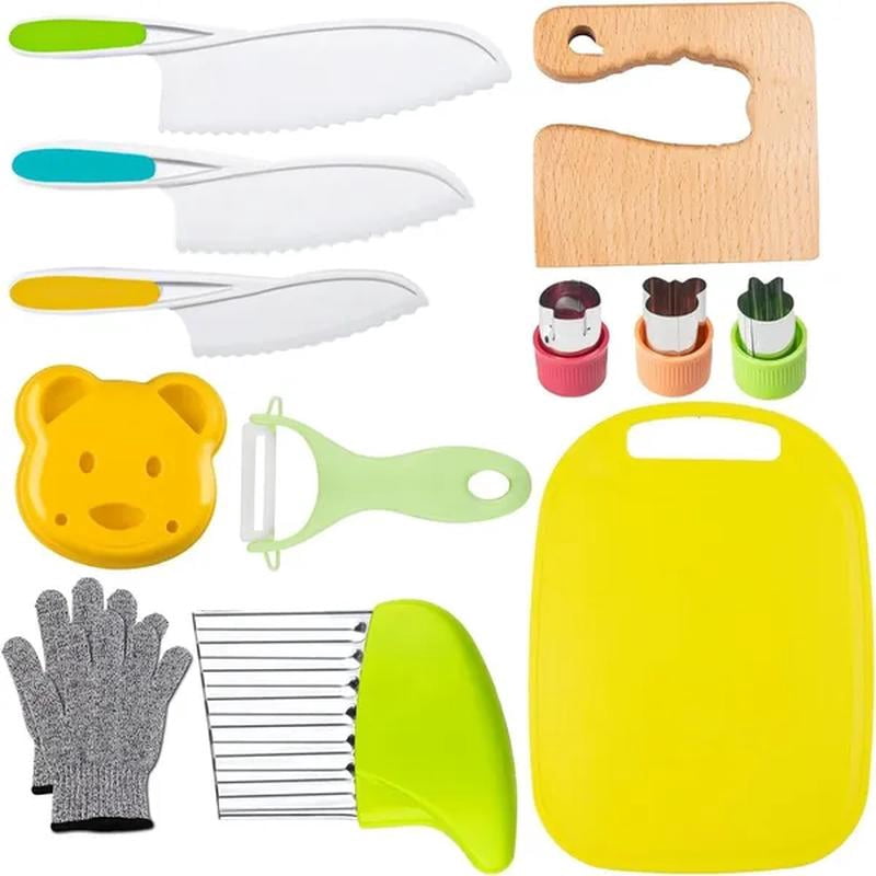 8 Pcs Wooden Kitchen Knife Set - Includes Safe Knives, Serrated Plastic ...