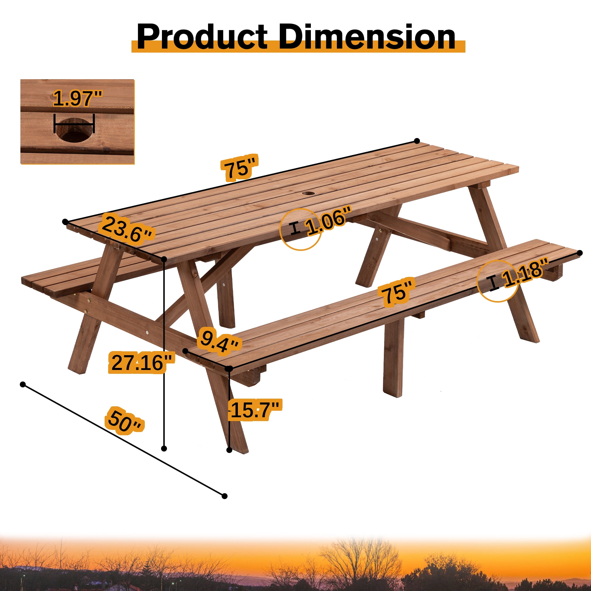 8-Person Brown Wooden Picnic Table with 2 Integrated Benches - Extra ...