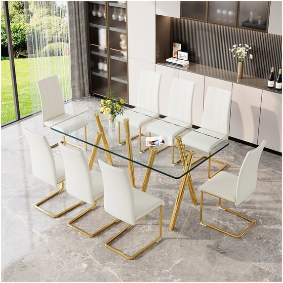8-Person Dining Room Set: Rectangular Glass Table and Upholstered ...
