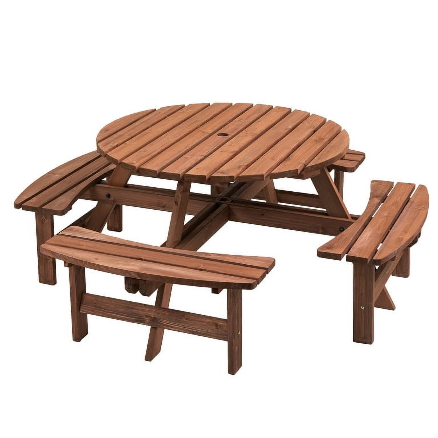 8-Person Wooden Picnic Table with Umbrella Hole and 3 Built-in Benches ...