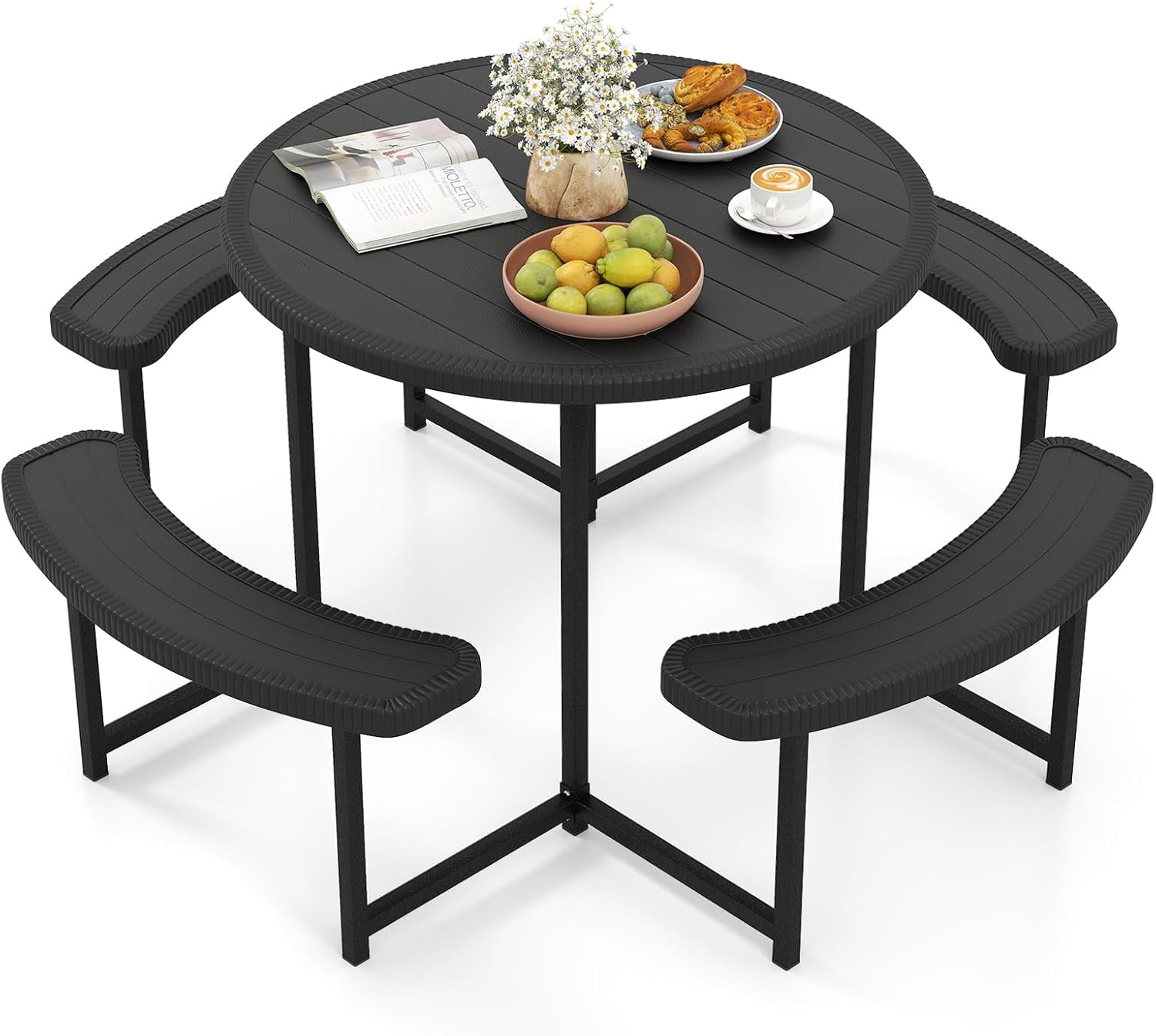 8 Person Picnic Table, HDPE Outdoor Round Table and Bench Set with 4 ...