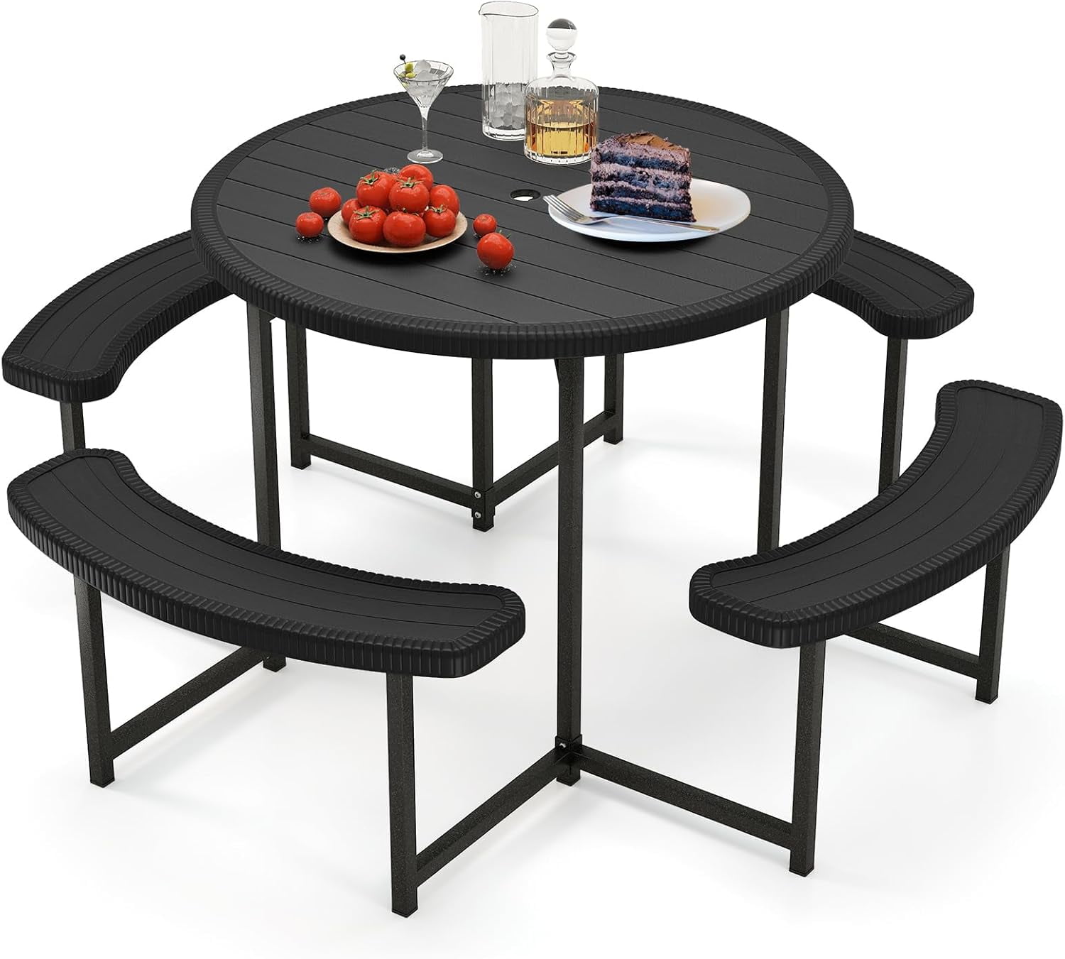 8-Person Round Picnic Table, 4 Built-in Benches, Umbrella Hole & Metal ...