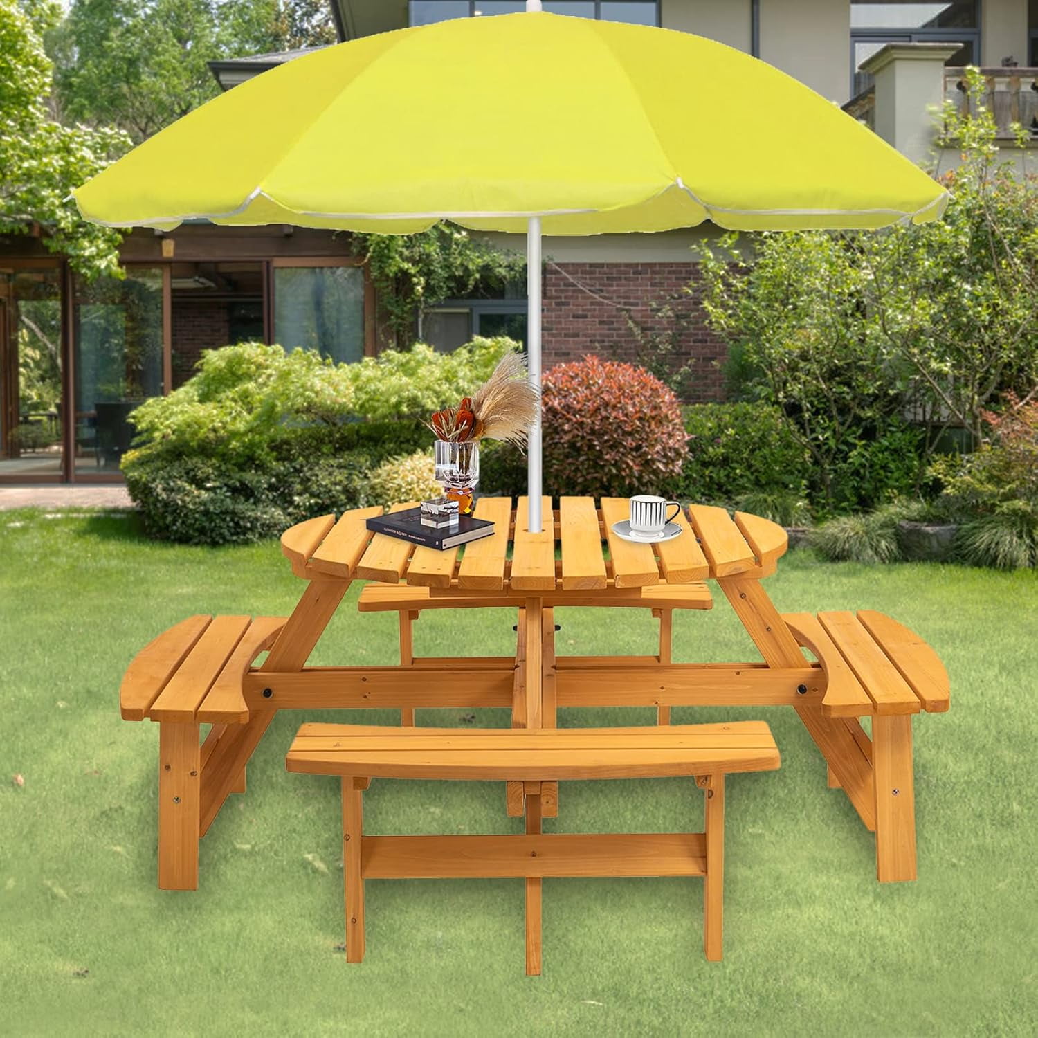8 Person Round Picnic Table, Outdoor Circle Wood Picnic Table Patio ...