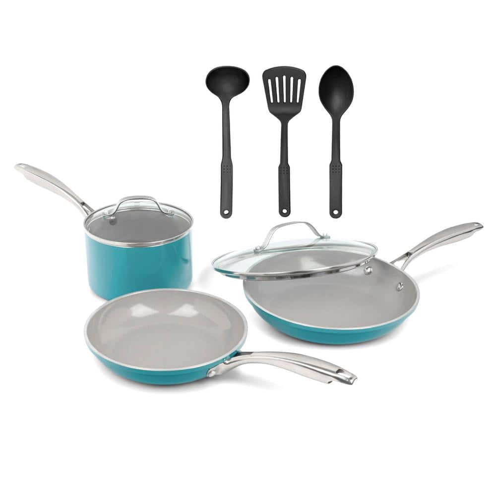 8-Piece Aluminum Ceramic Coating Nonstick Cookware Set in Aqua Blue ...