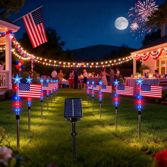 8 Piece American Flag Solar Light Set with Timer Red White and Blue ...