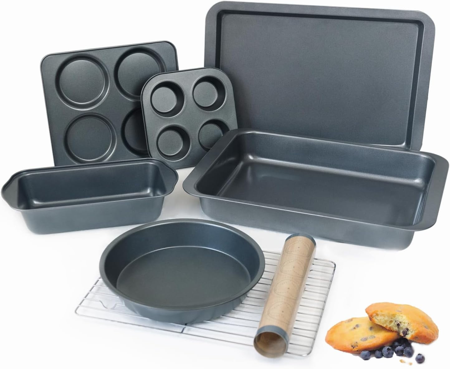 8-Piece Baking Pans Set with Rack, Nonstick Bakeware Include Muffins ...