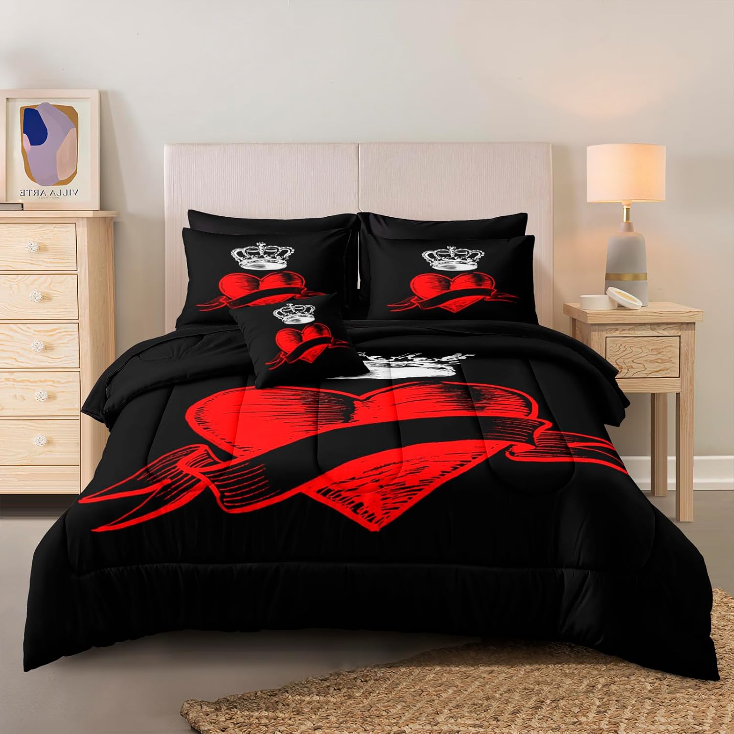 8 Piece Bed in a Bag Heart Comforter Set Queen Size Prince and Princess ...