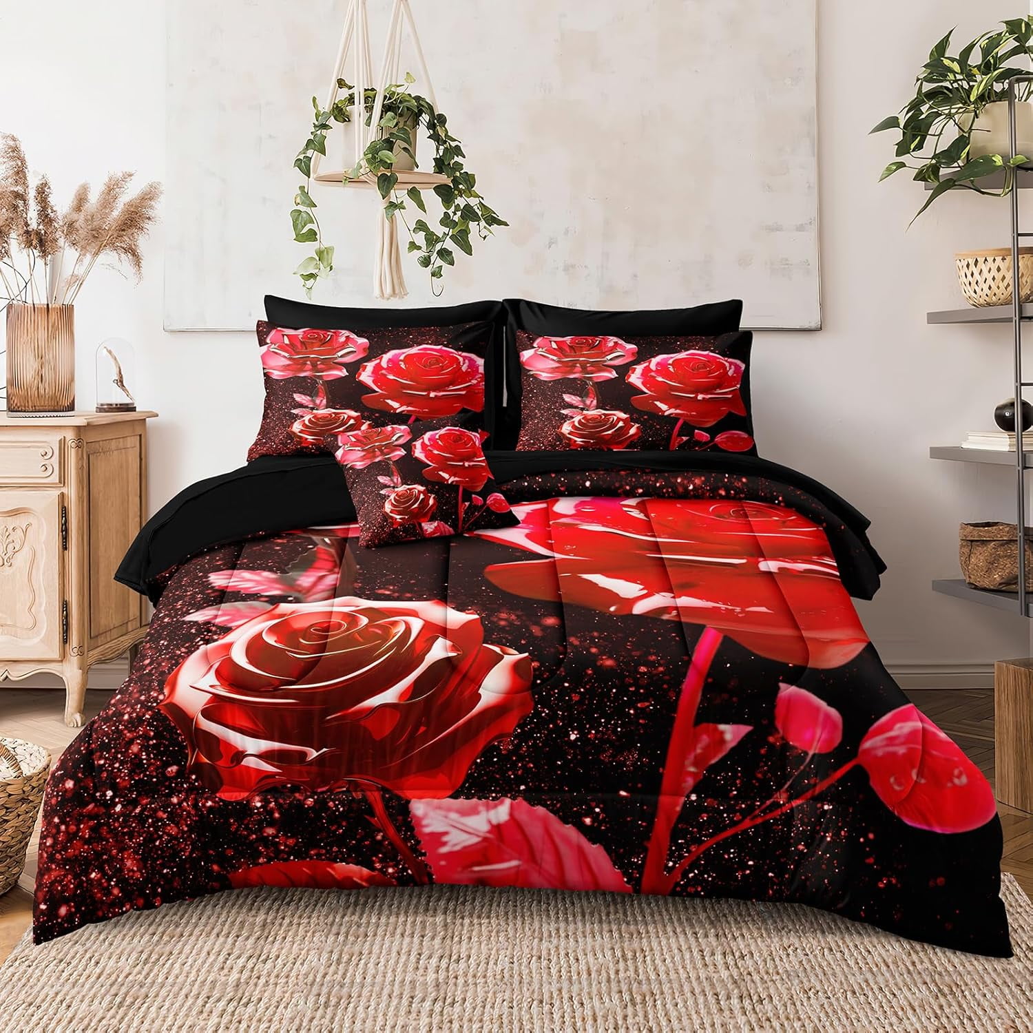 8 Piece Bed in a Bag Red Rose Comforter Set Full Size Rose Flower ...