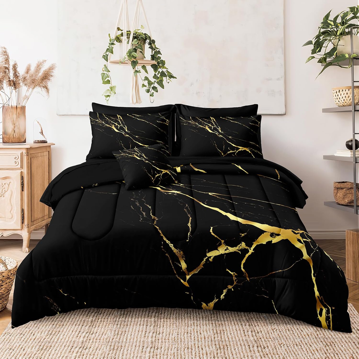 8 Piece Black Marble Comforter Set with Gold Metallic Marble Bedding ...
