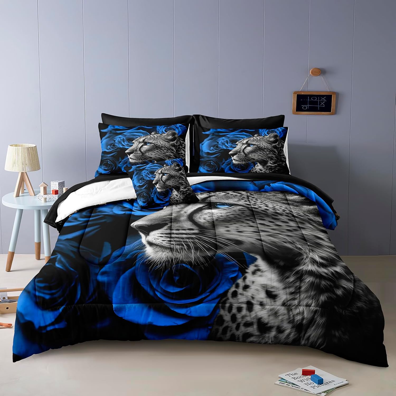 8 Piece Cheetah Leopard Bed in a Bag Blue Rose Comforter Set Full Size ...