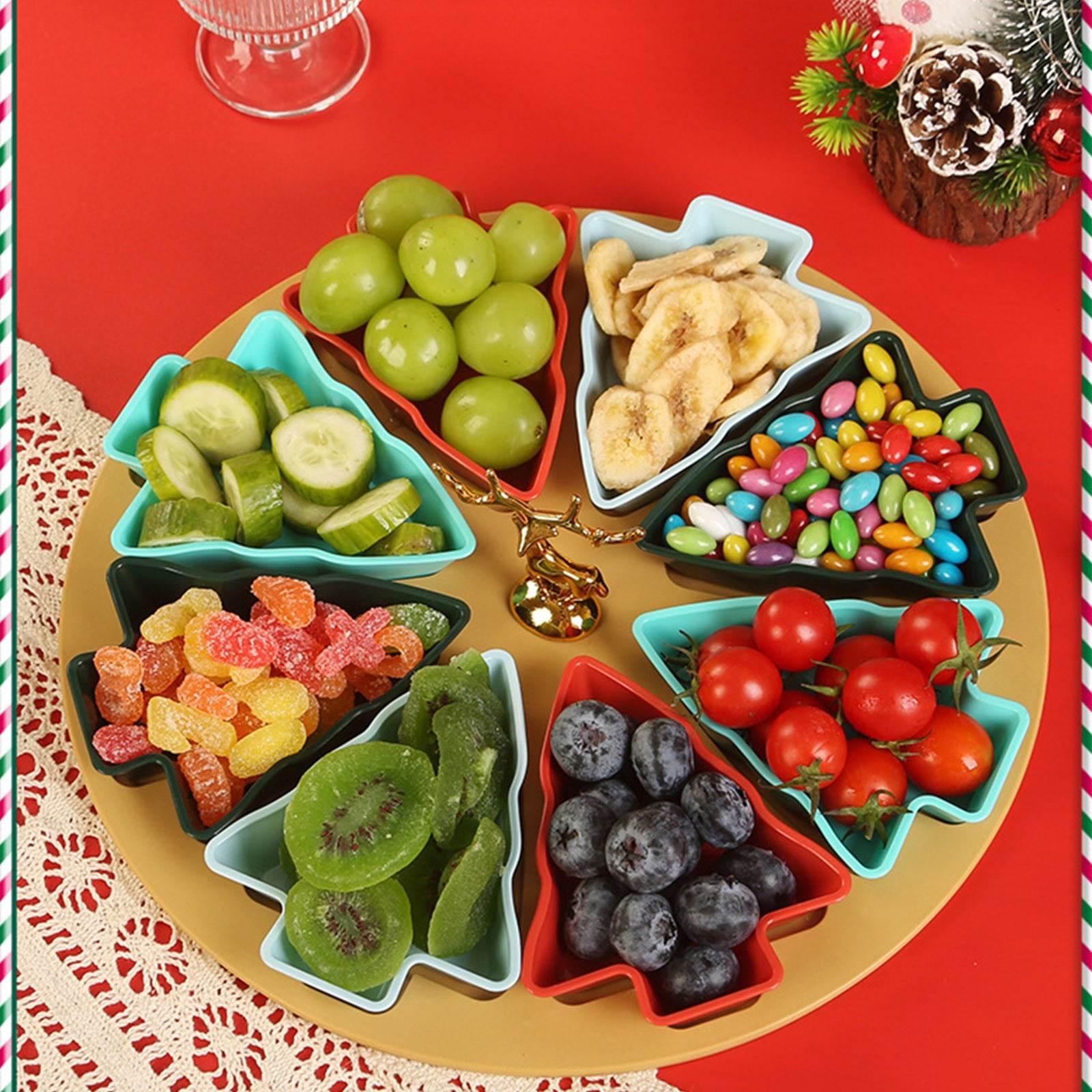 8-Piece Christmas Tree Snack Tray Set with 1 Central Tray for Nuts ...