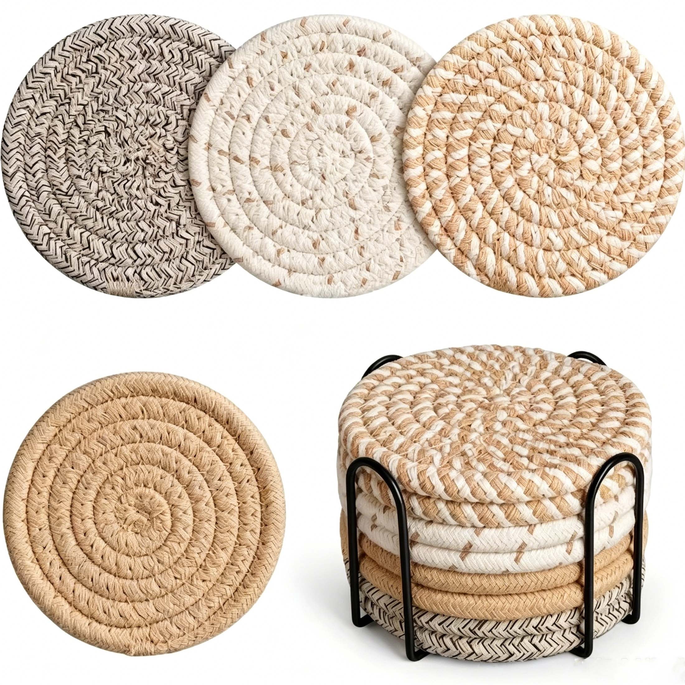 8 Piece Coaster Set with Holder, Absorbent Cotton Woven Cup Coasters 8 ...