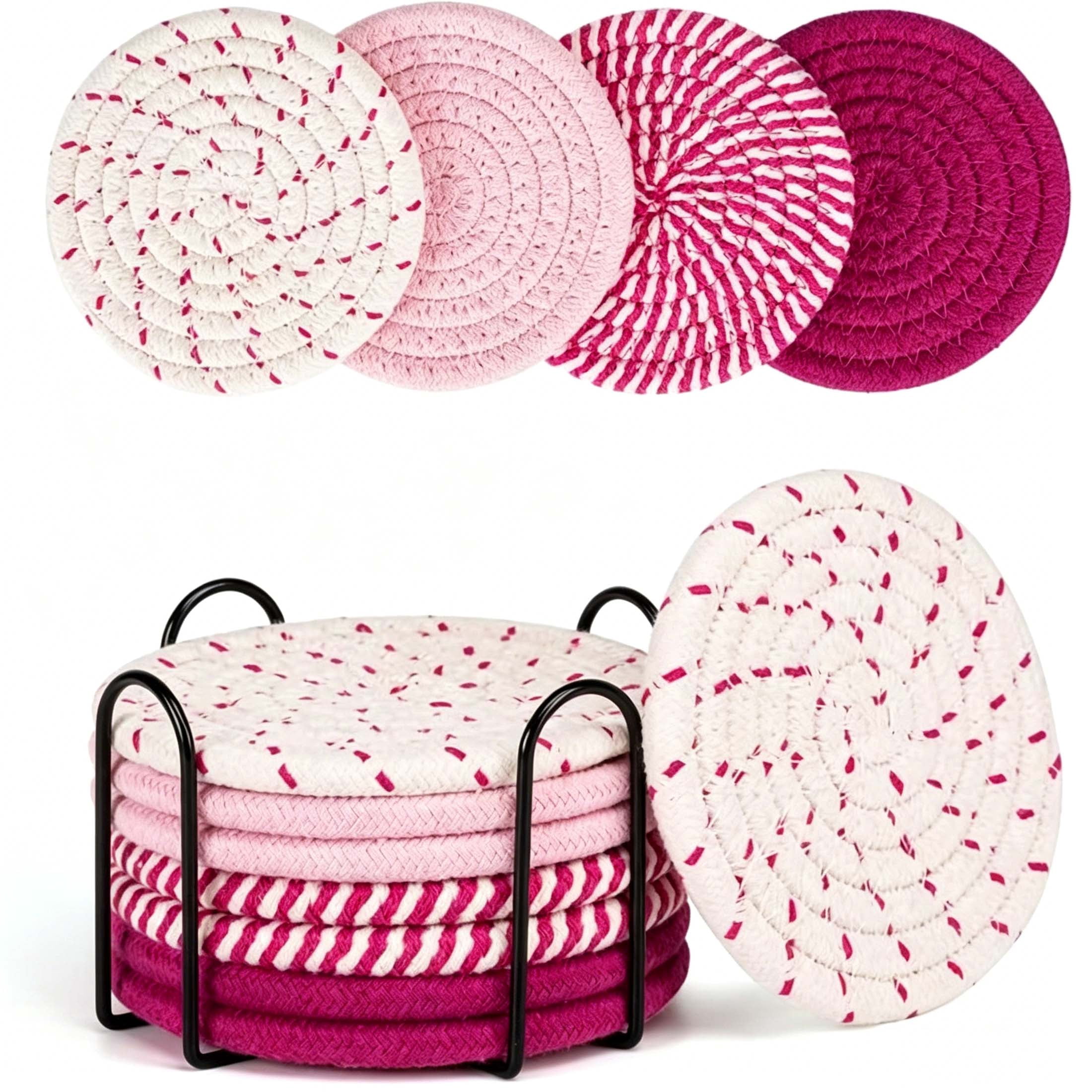 8 Piece Coaster Set with Holder, Absorbent Cotton Woven Cup Coasters 8 ...