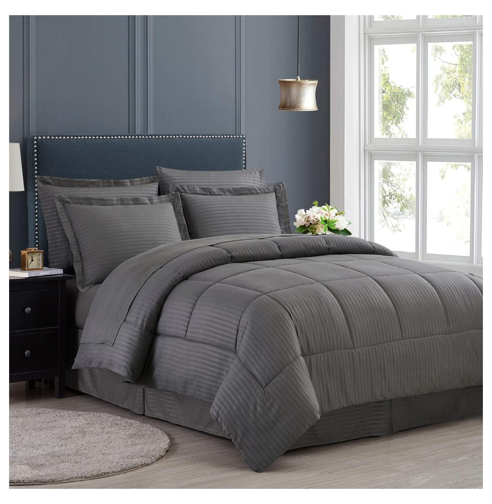 8 Piece Comforter Set Bag with Dobby Stripe Design, Bed Fitted, 1 Flat ...