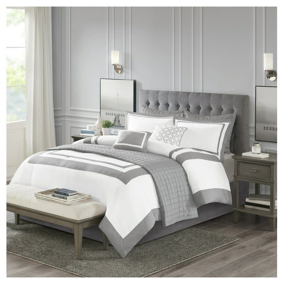 8 Piece Comforter Set Full/Queen - Grey Bedding Collection with Quilt ...