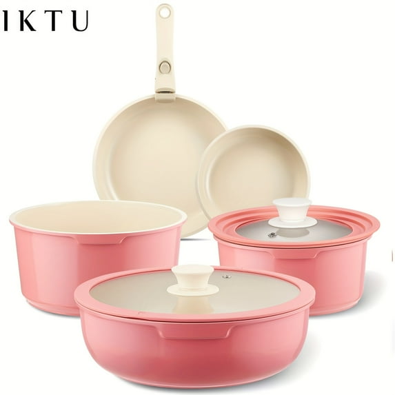 8-Piece Coral Pink Nonstick Ceramic Cookware Set - Aluminum Deep Frying ...