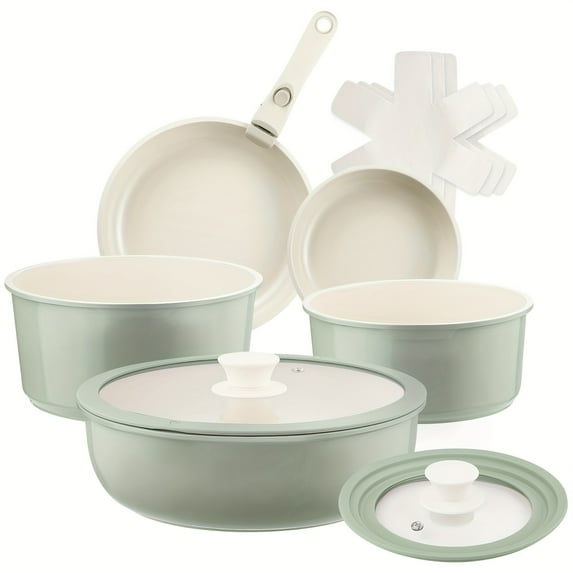 8-Piece Coral Pink Nonstick Ceramic Cookware Set - Aluminum Deep Frying ...