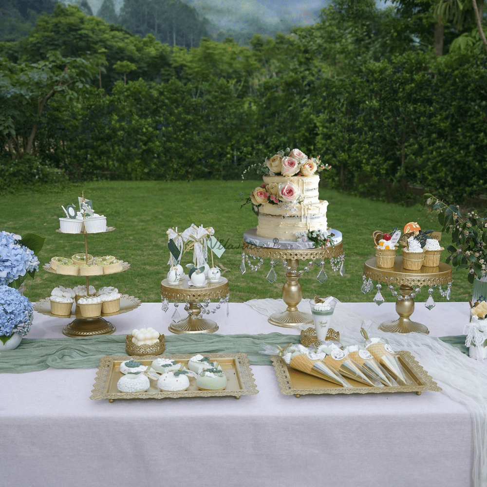 8-Piece Dessert Table Display Set: Romantic Golden/Cream White Round ...