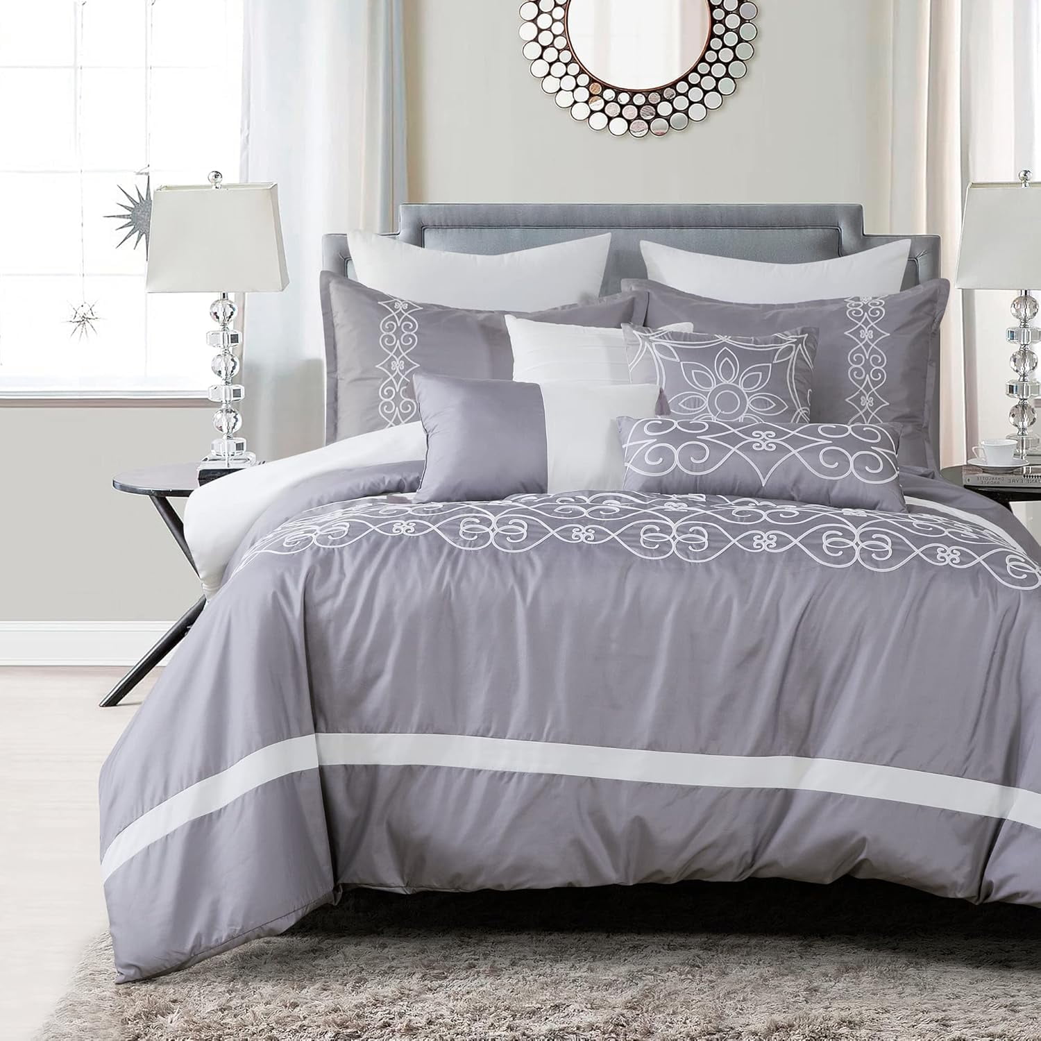 8 Piece Full Queen Comforter Set with Shams and Cushions Modern Classy ...