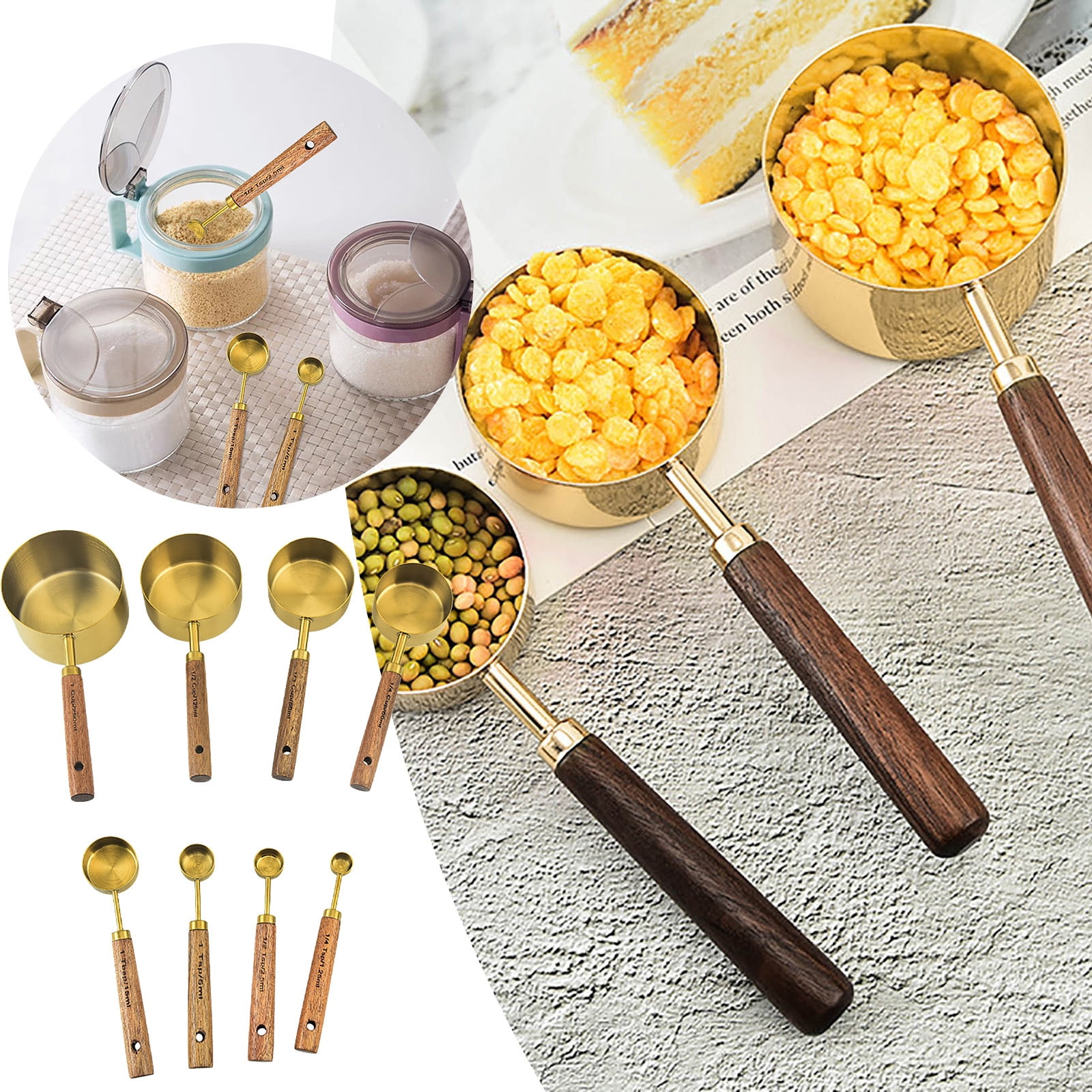 8 Piece Gold Measuring Cups Set and Measuring Spoons, Golden With Fragrant Wood Handles ...