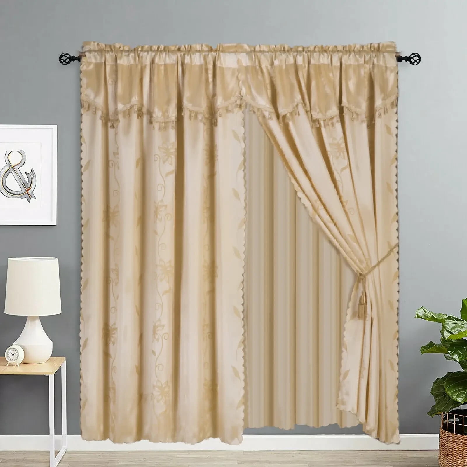 Nada Gold Complete Set Window Curtain Floral Faux Silk Panels Attached ...
