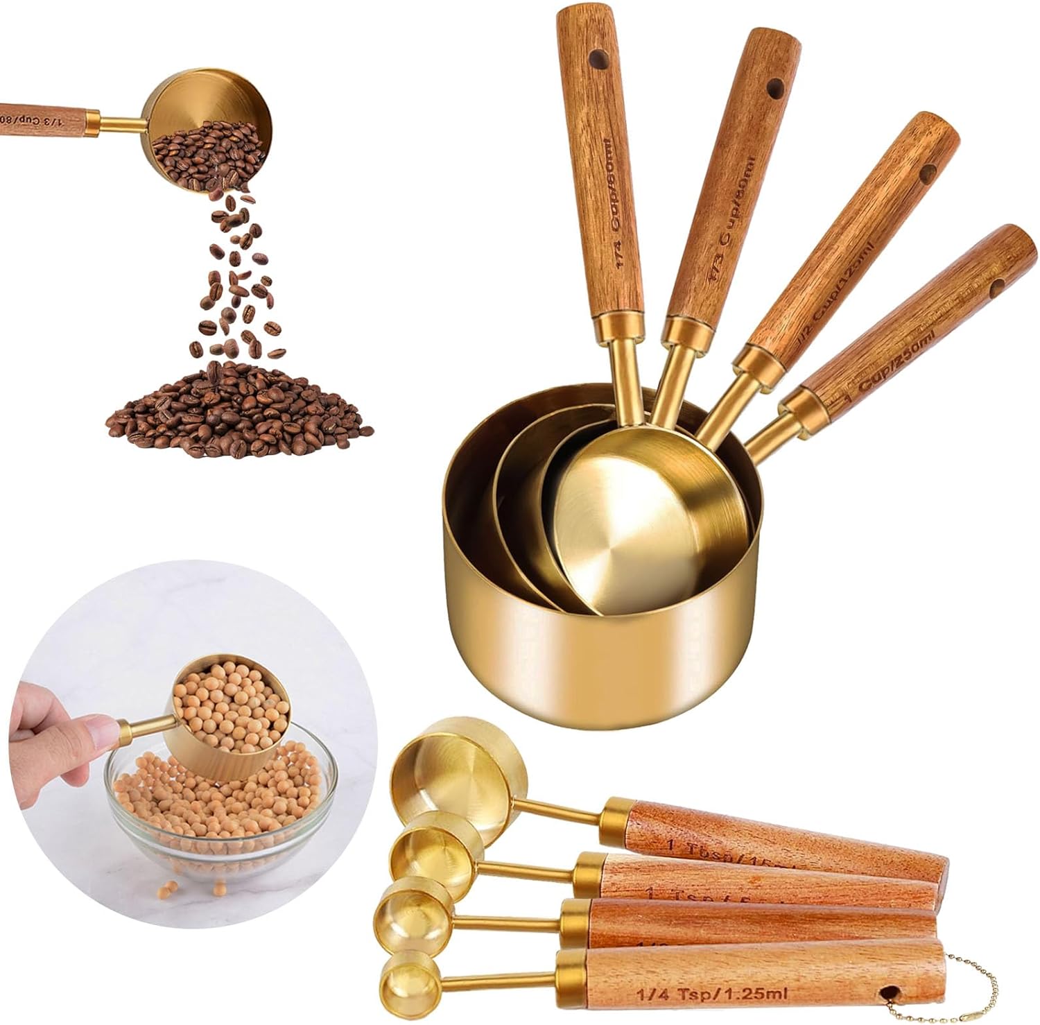 8 Piece Measuring Cups and Spoons Set, Fragrant Wood Handle with Metric ...