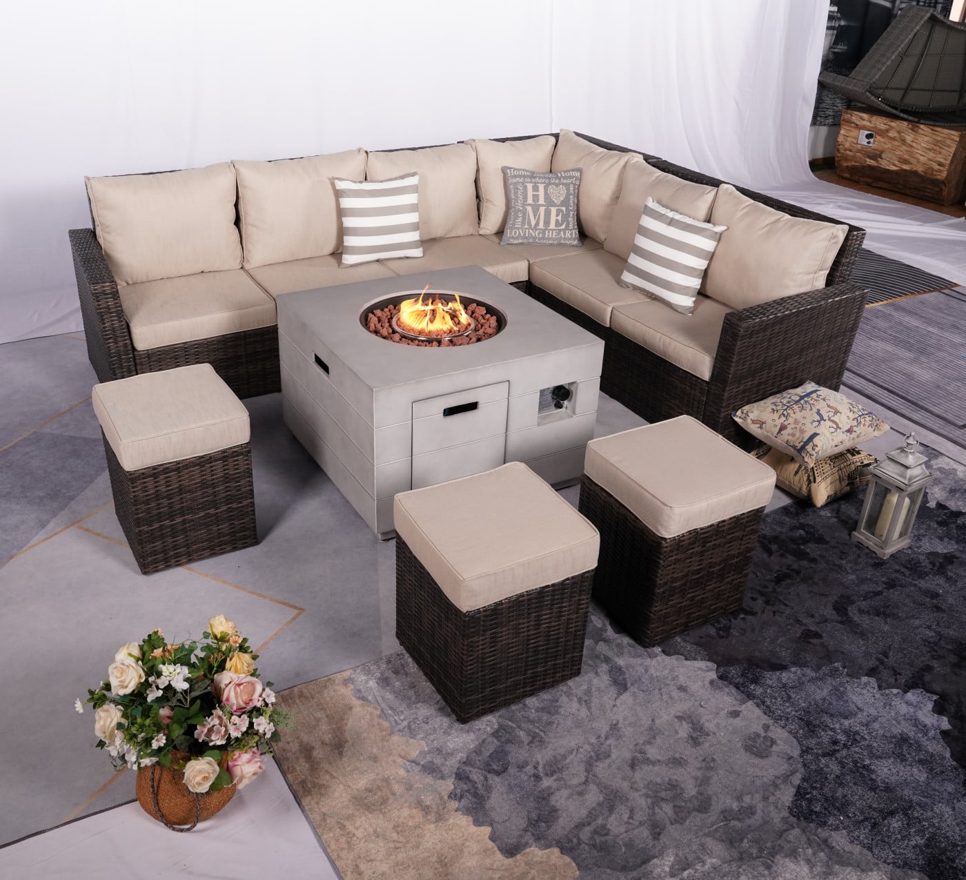 8-Piece Outdoor Furniture Set with Gas Propane Fire Pit Table PE Wicker ...