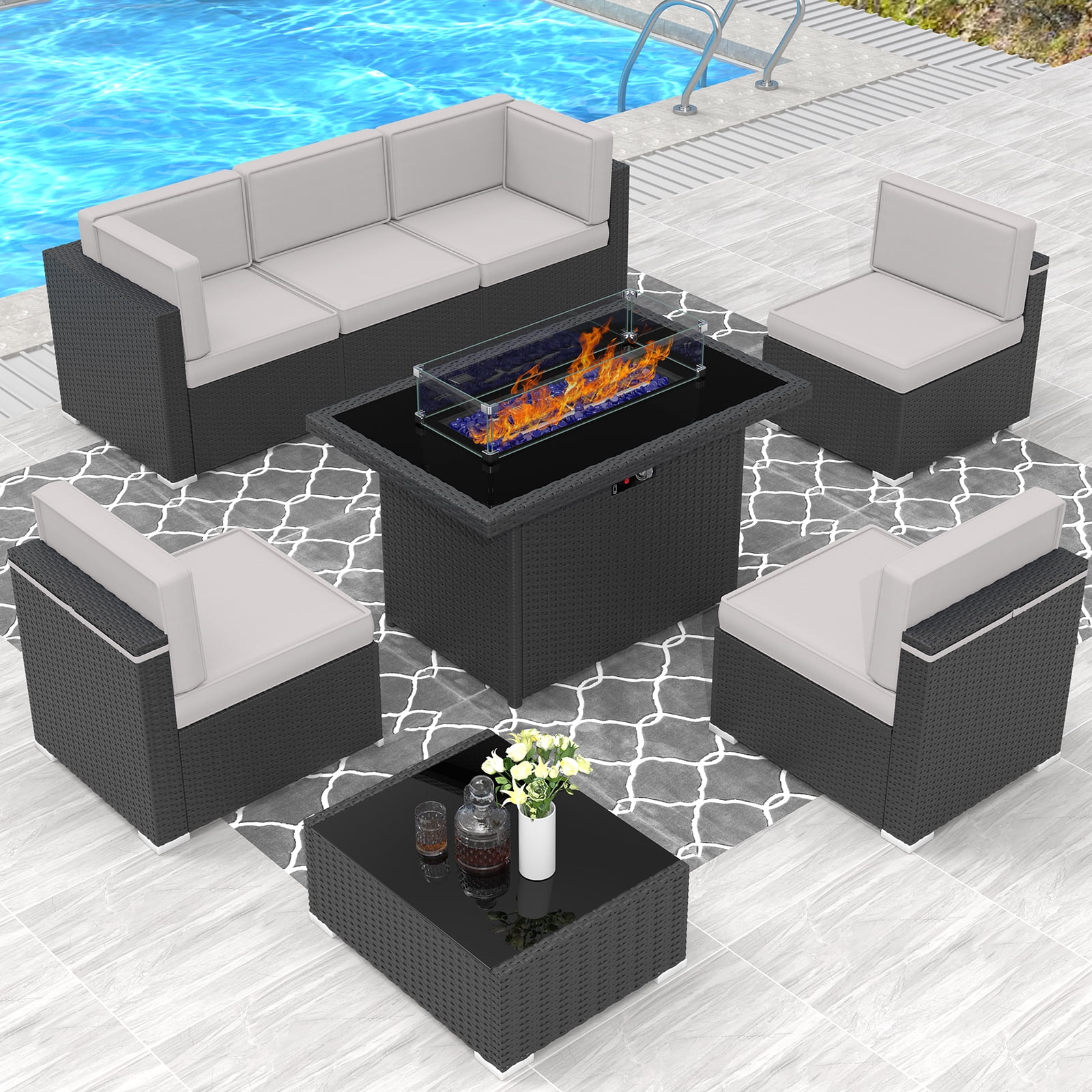 "8-Piece Patio Set with 44"" Propane Fire Pit, Outdoor Wicker Sofa ...