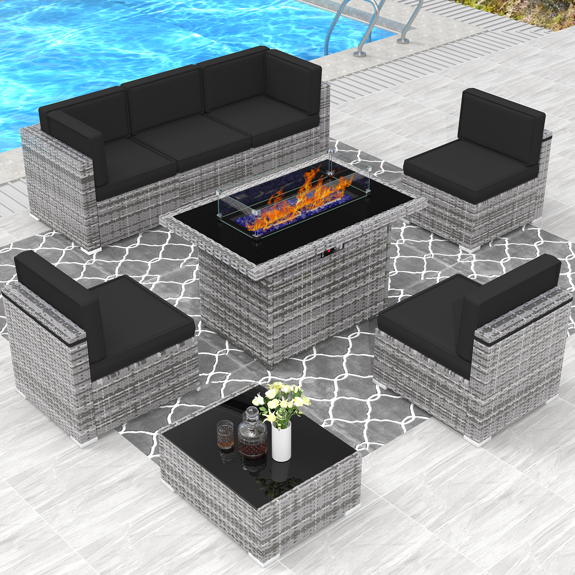 8 Piece Patio Furniture Set with 44" Propane Gas Fire Pit Table ...