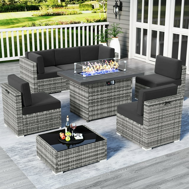 8-Piece Outdoor Patio Furniture Set with Propane Gas Fire Pit, Wicker ...