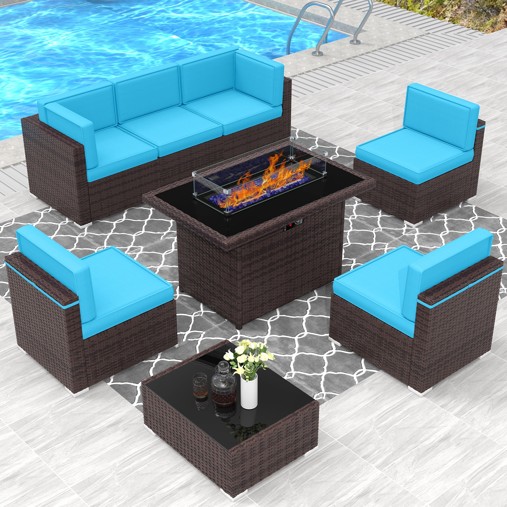 8 Piece Patio Set with 44" Propane Fire Pit, Outdoor Wicker Rattan Sofa ...