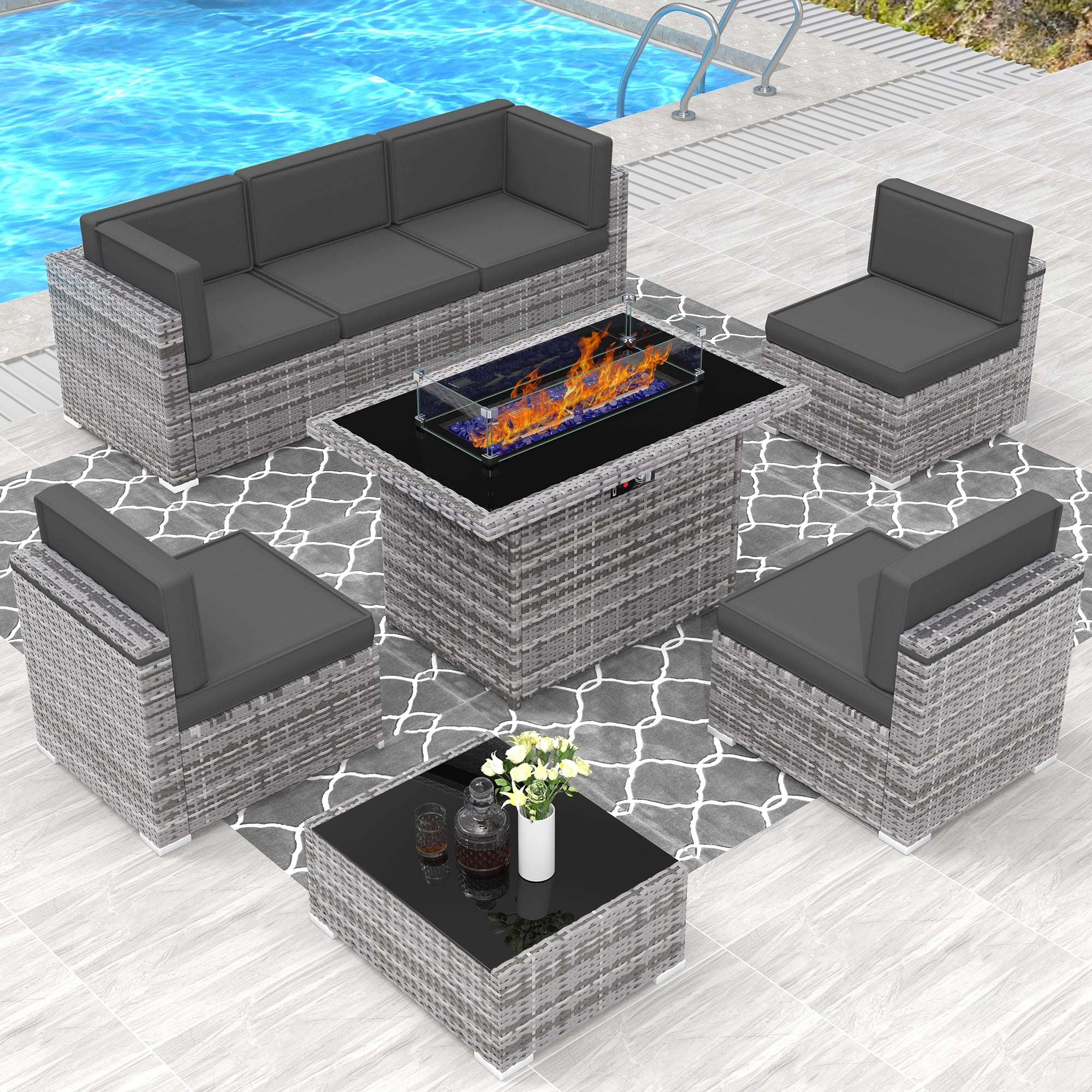 8 Piece Patio Furniture Set with 44" Propane Gas Fire Pit Table ...