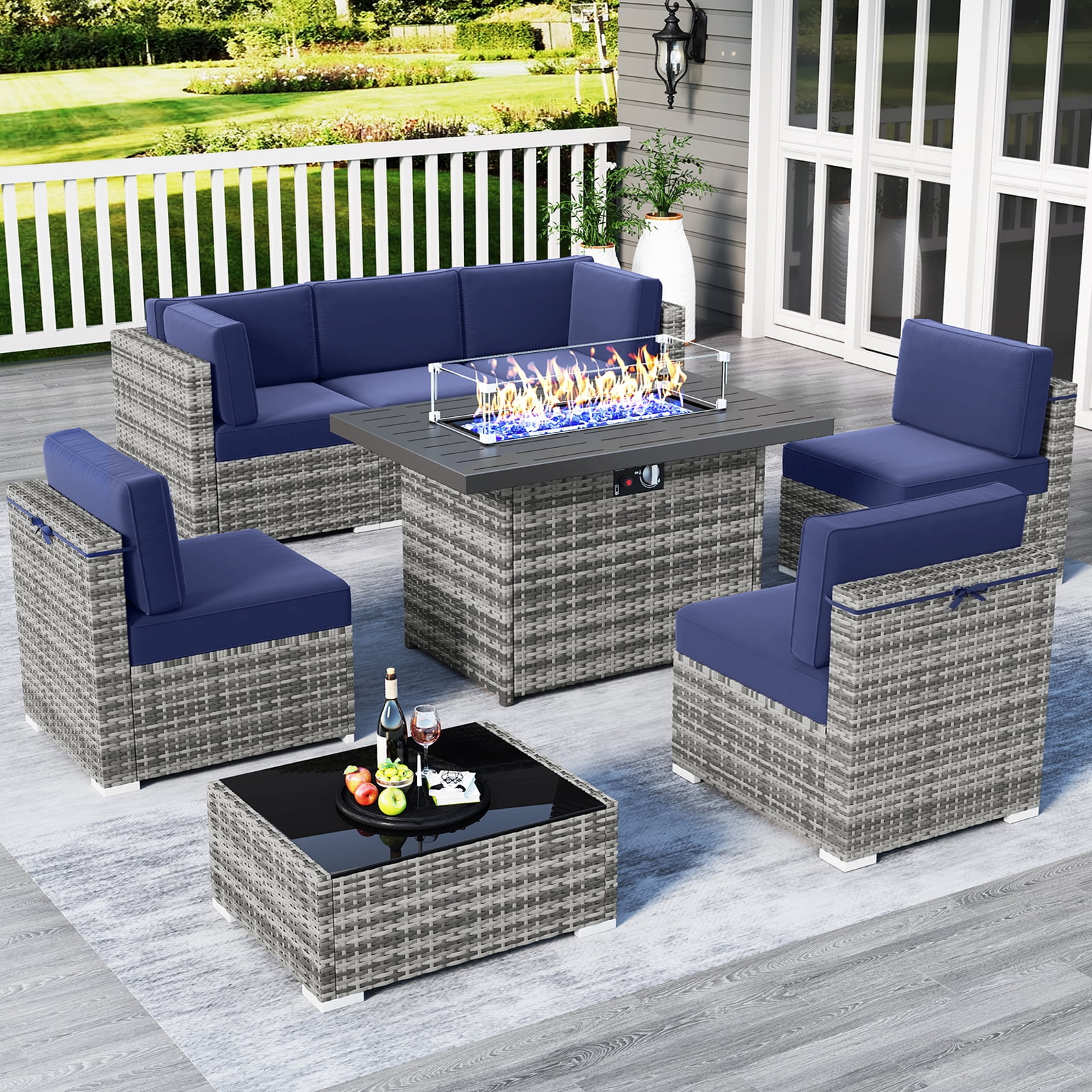 8 Piece Rattan Sofa Patio Set with Fire Pit & Coffee Table, Outdoor ...
