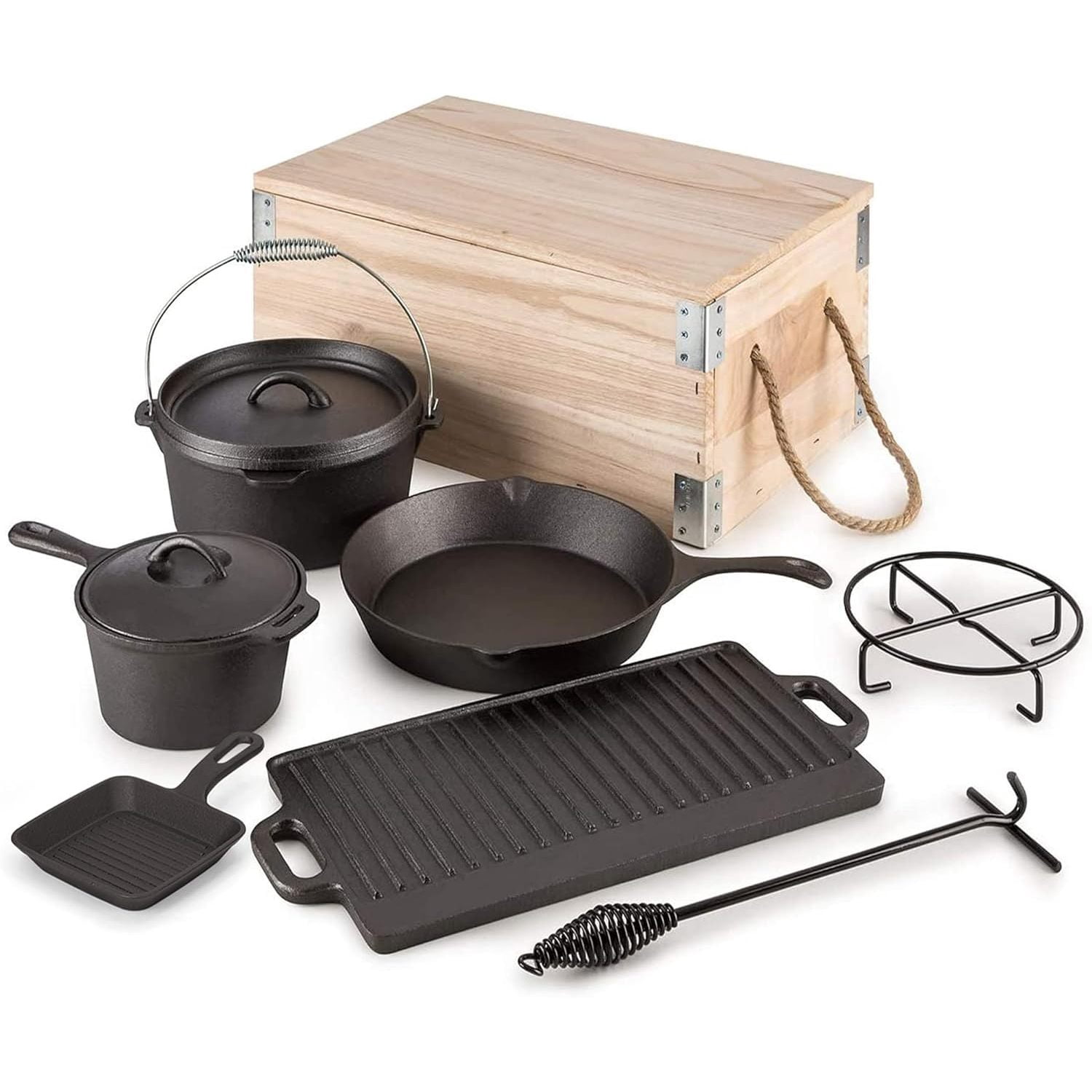 8 Piece Pre-Seasoned Dutch Oven Cooking Set Cast Iron Camping Kitchen ...
