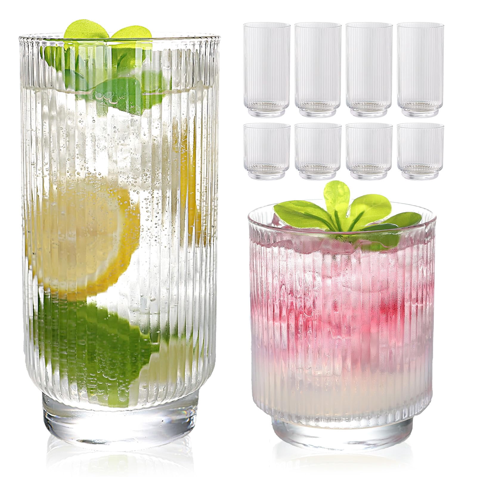 8-Piece Ribbed Glass Drinkware Set, 4 18oz Highball Glasses & 4 9oz ...