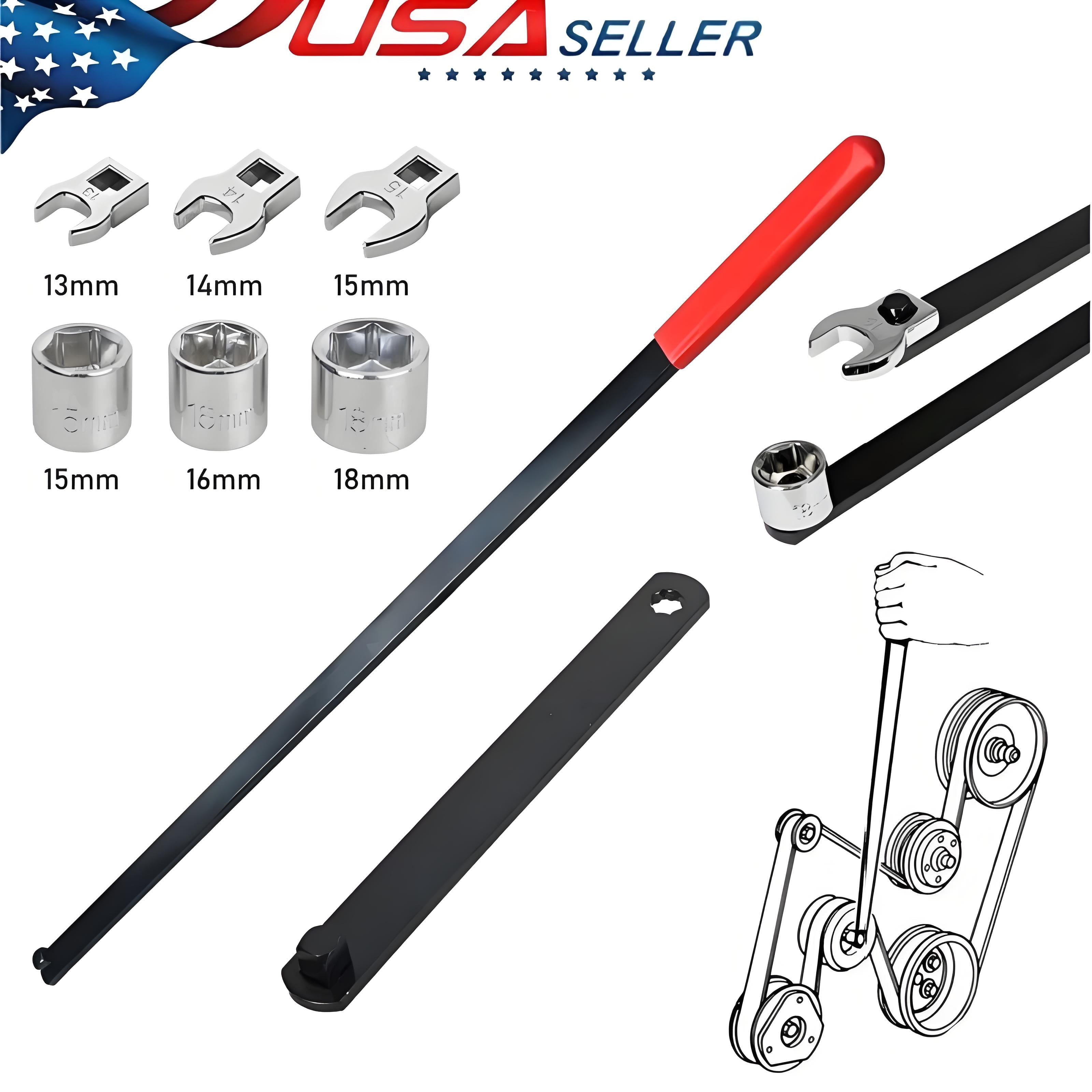 8-Piece Serpentine Belt Tool Set with 3/8" Pulley Wrench, Carbon Steel ...