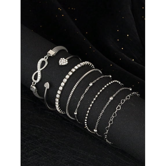8-Piece Silver Tone Bracelet Set With Infinity, Heart, Rhinestone ...