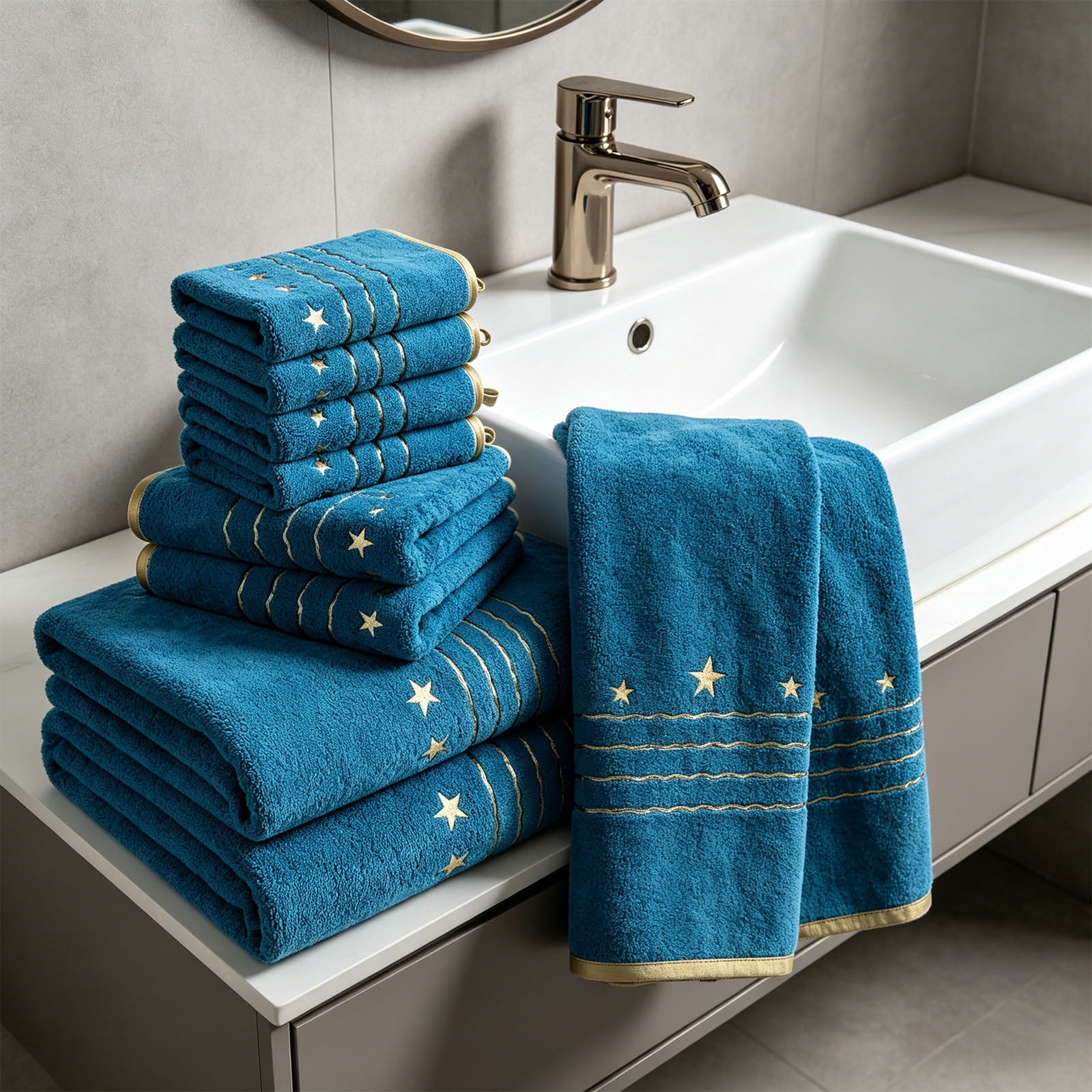 8 Piece Star Embroidered Bath Towel Set White Soft Absorbent Microfiber ...