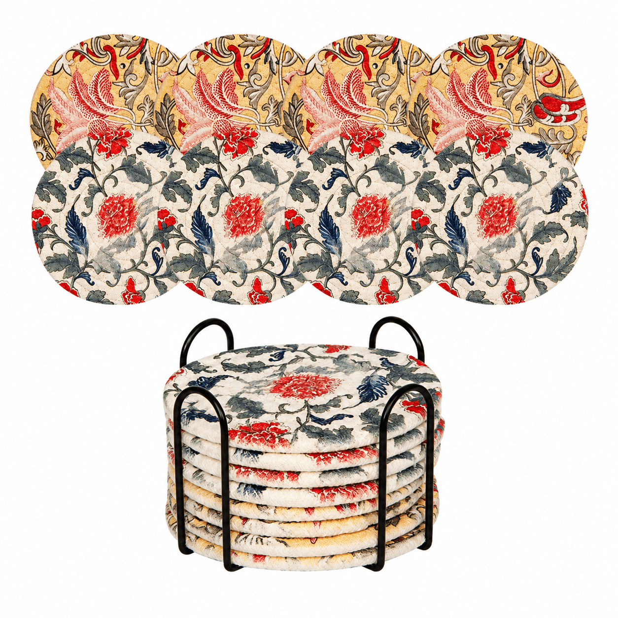 8-Piece Stone Ceramic Coaster Set with Metal Holder, Vintage Floral ...
