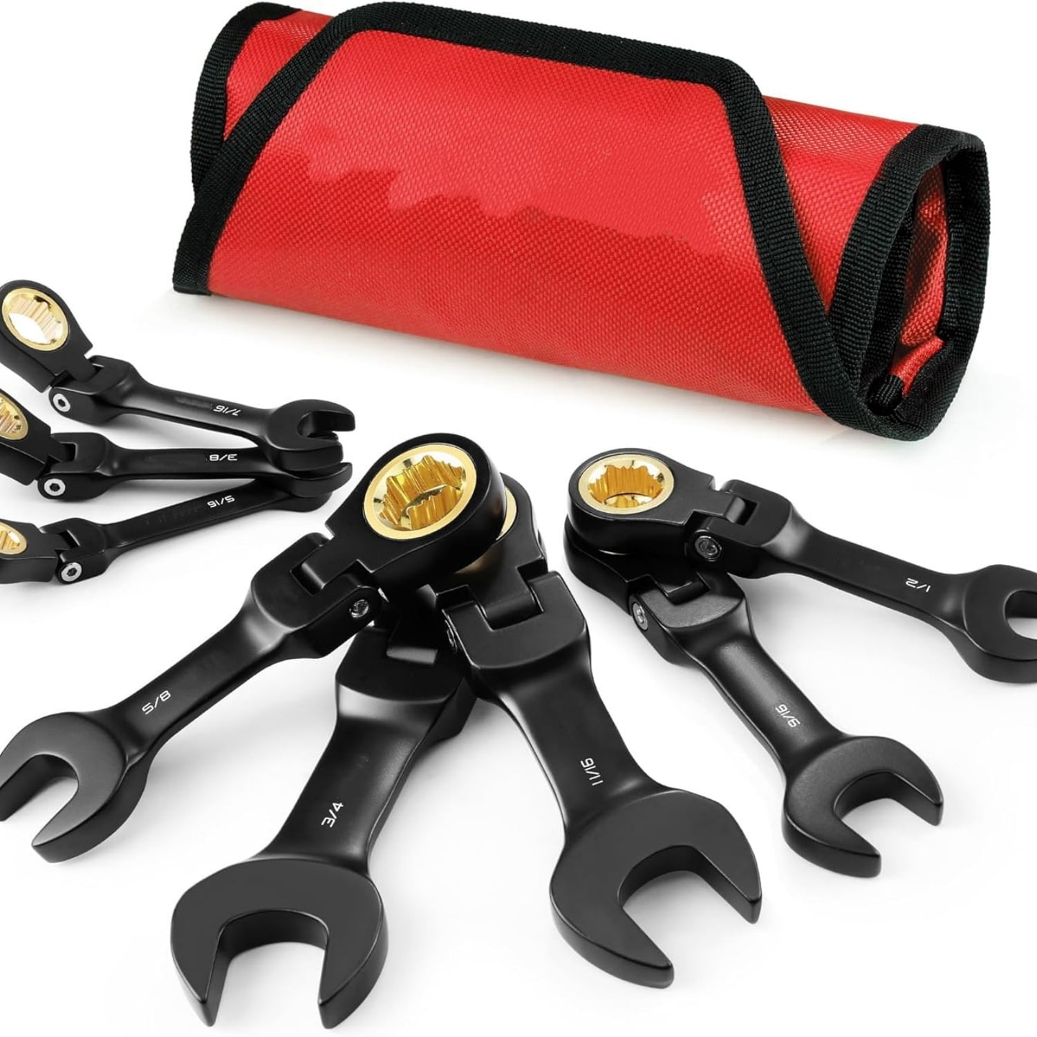 8-Piece Stubby Anti-slip Ratcheting Combination Wrench Set, SAE 5/16-3/ ...