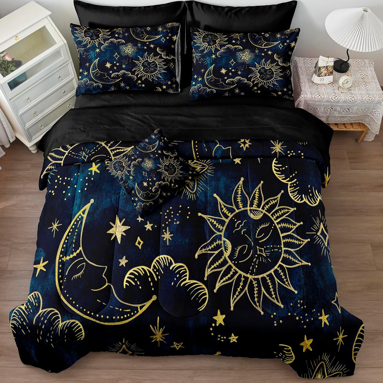 8 Piece Universe Bed in a Bag Sun and Moon Comforter Set King Size Galaxy Bedding Blue Gold Moon ...
