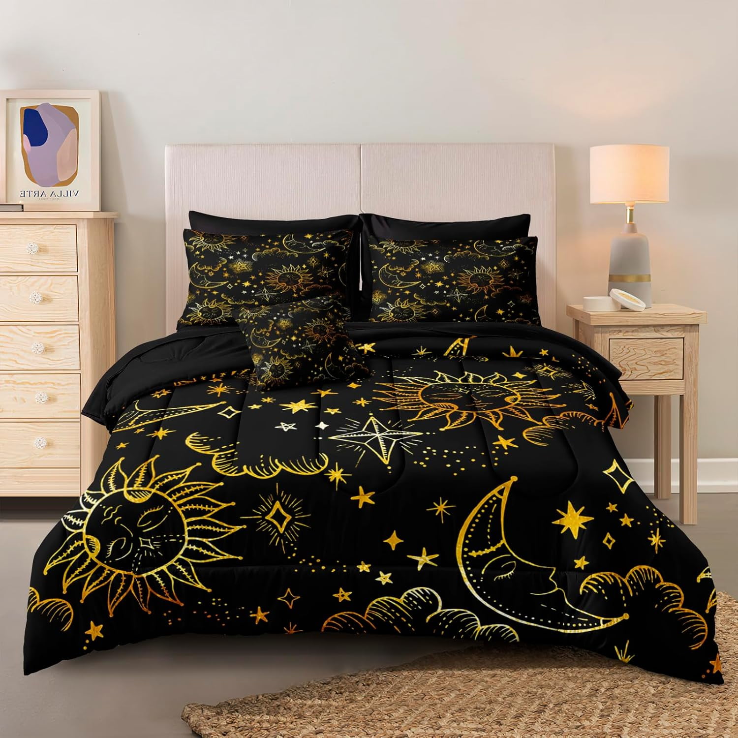 8 Piece Universe Bed in a Bag Sun and Moon Comforter Set Queen Size Galaxy Bedding Black Gold ...