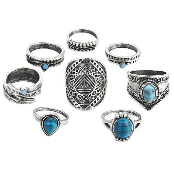8 Piece Vintage Ring Set Gemstone Boho Finger Rings Women's Middle ...