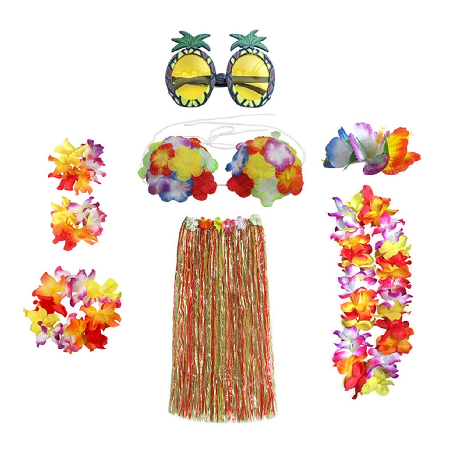 8 Pieces 23.6 Inch Hawaiian Hula Skirt Costume Set Necklace Garland ...