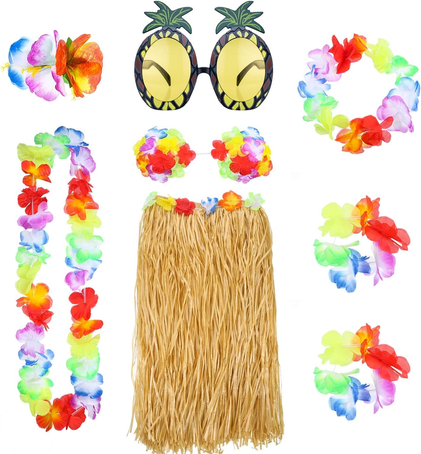 8 Pieces 23.6 Inch Hawaiian Hula Skirt Costume Set Necklace Garland ...