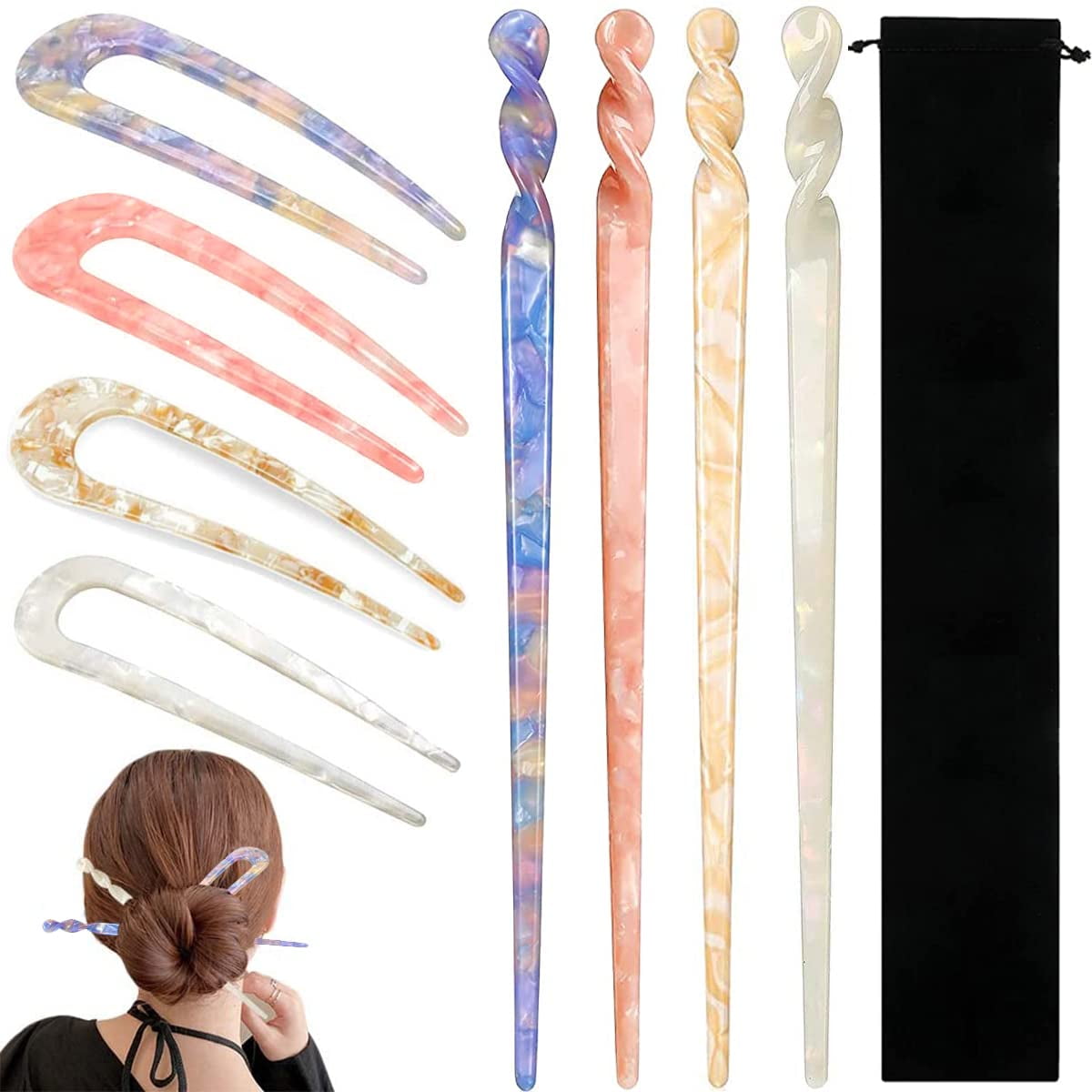 8 Pieces Acetate Hair Pins Sticks U-Shaped Straight Chopsticks Hairpin ...