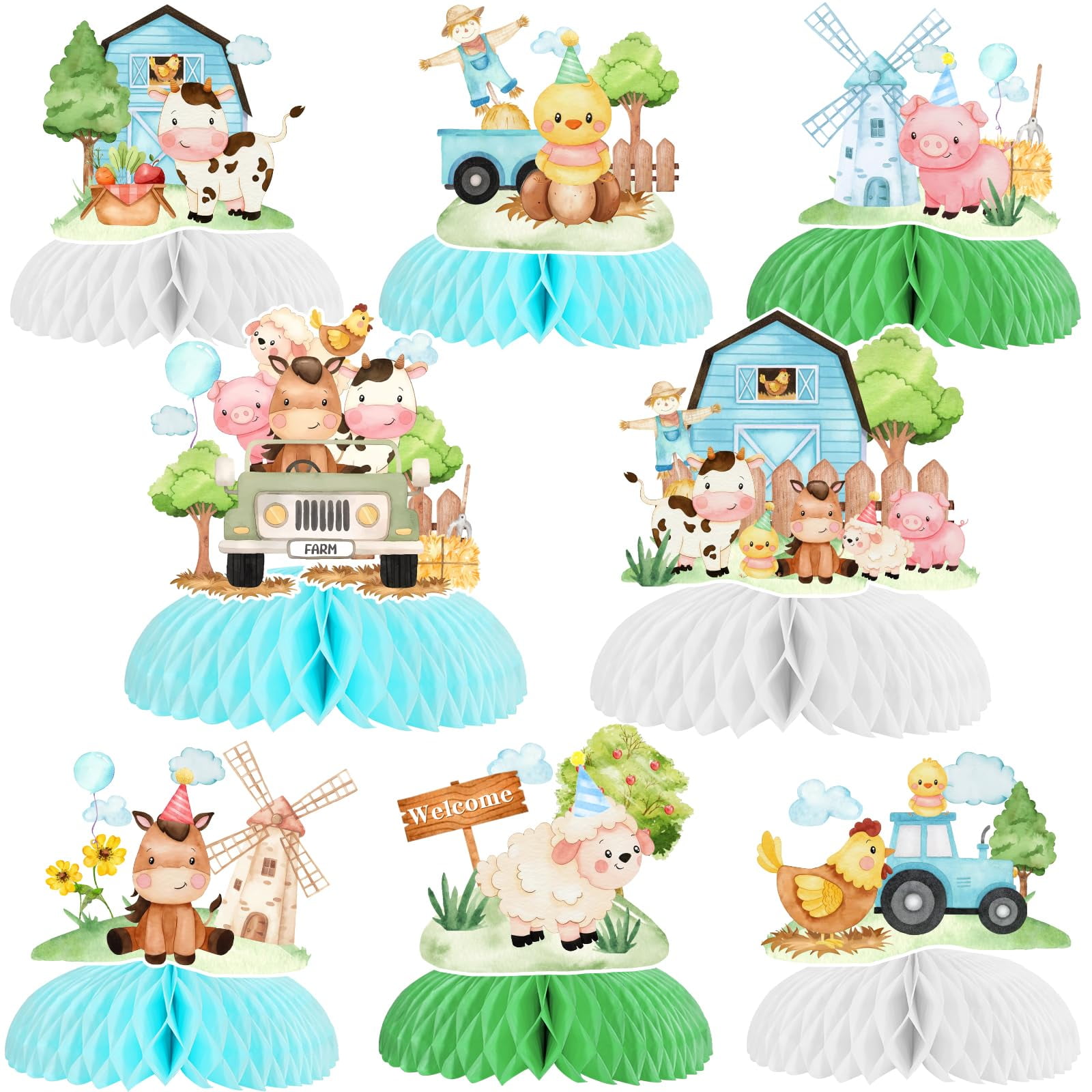 8 Pieces Blue Farm Animal Honeycomb Centerpieces Table Toppers, Farm ...