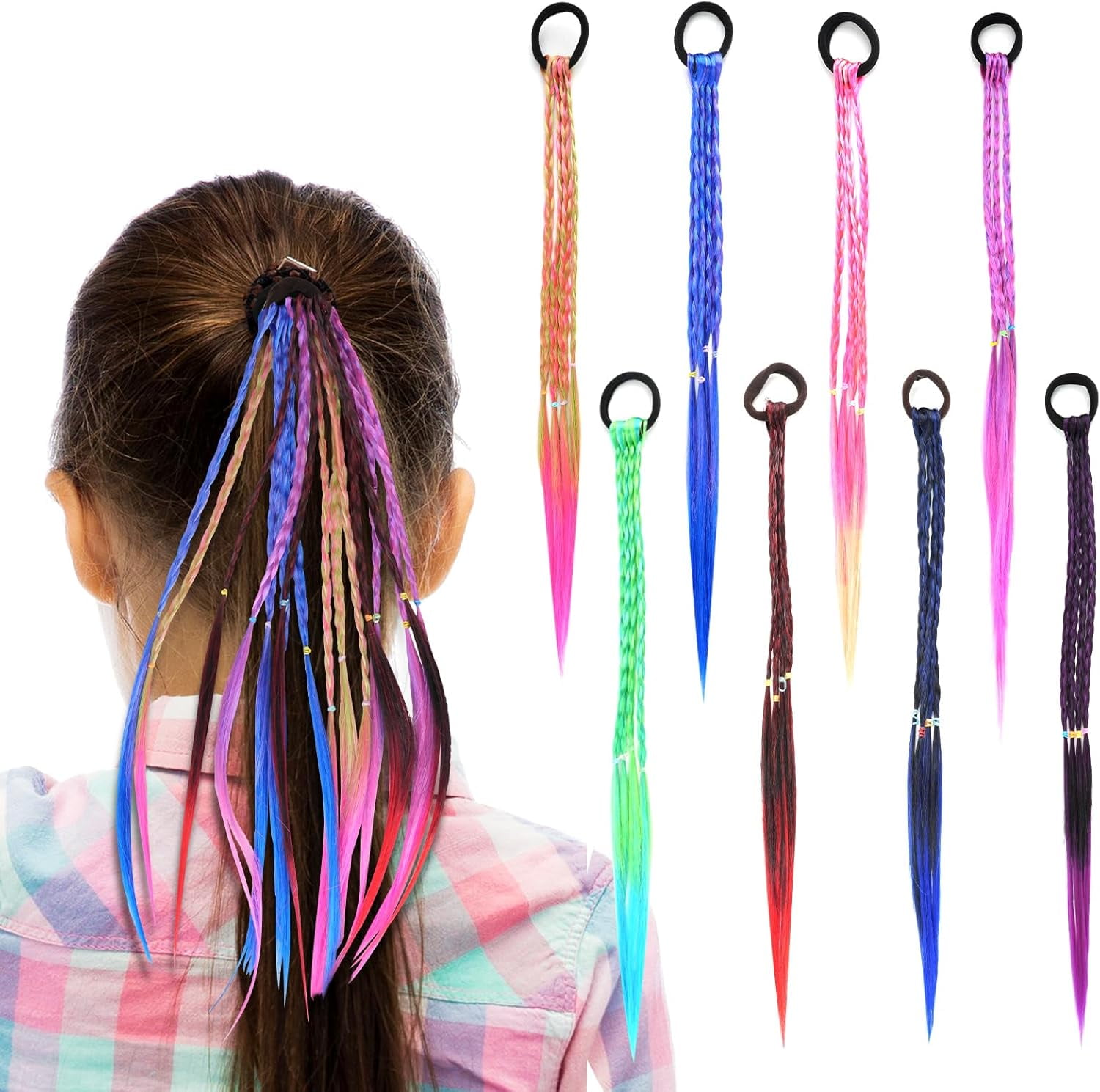 8 Pieces Colorful Braids Hair Extensions with Rubber Bands, Rainbow ...