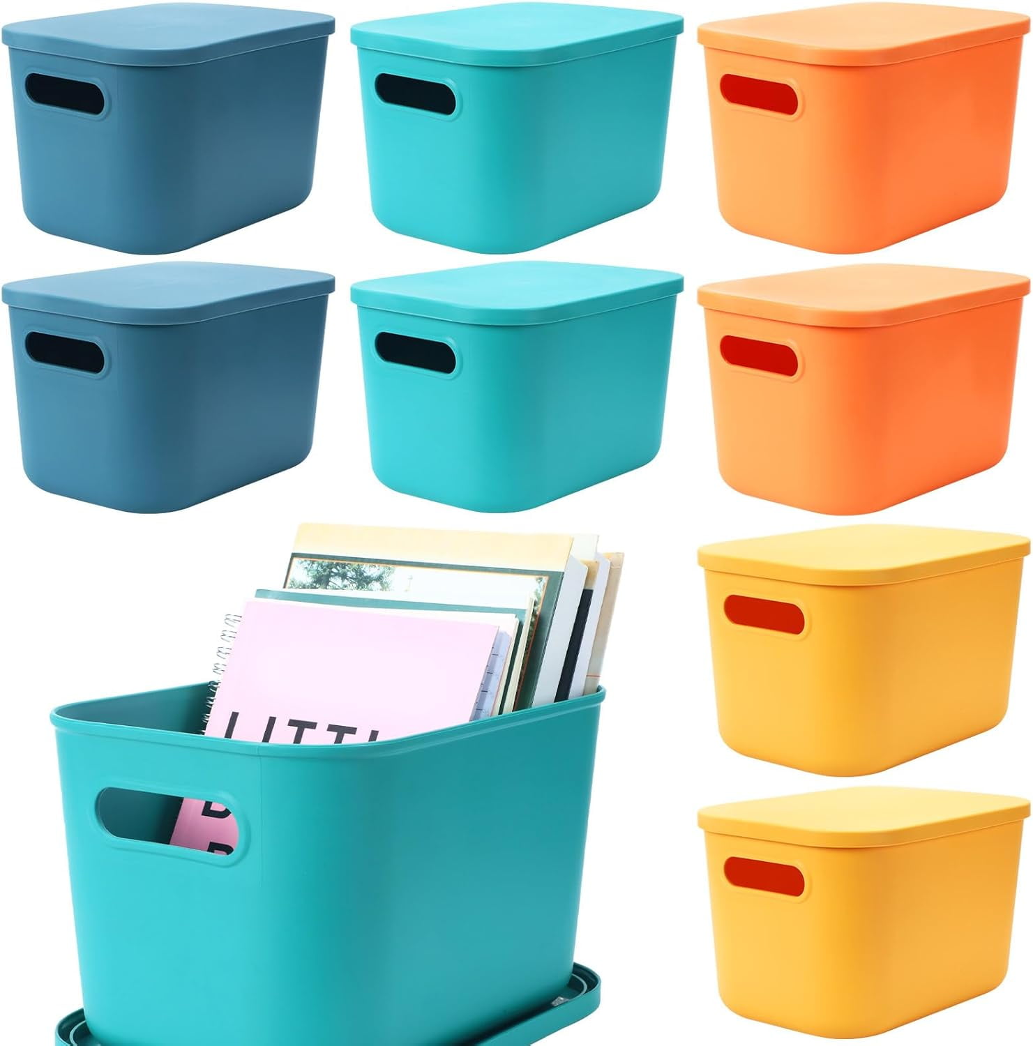 8 Pieces Colorful Storage Bins with Lid and Handle, Plastic Stackable ...